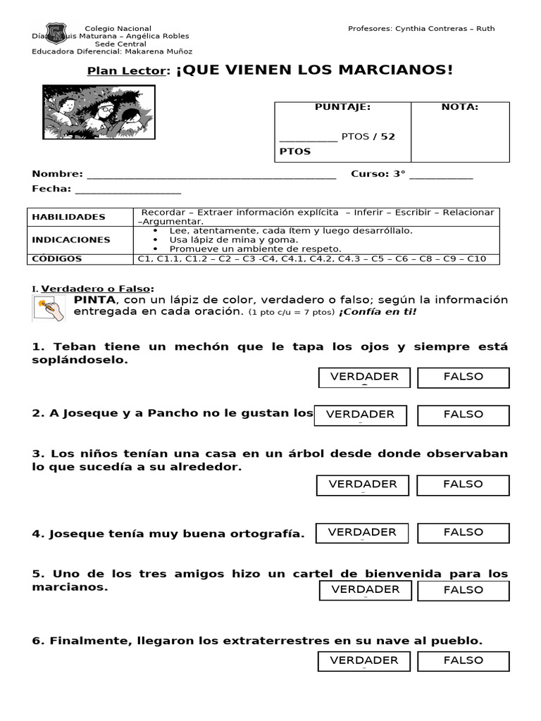Prueba Plan Lector #4 - ¡Qué Vienen Los Marcianos! | PDF