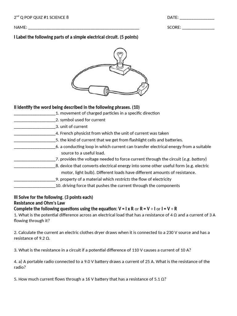 Science 8 Electricity Pop Quiz | PDF | Teaching Methods & Materials ...