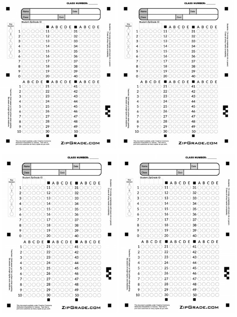 ZIPGRADE SHEET (50 Items - 4 Copies) | PDF