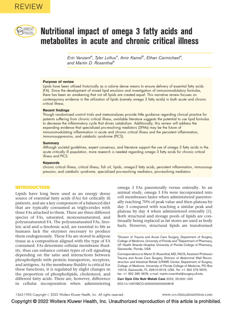 Omega 3 Fatty Acids and Metabolites in Acute and Chronic Critical ...