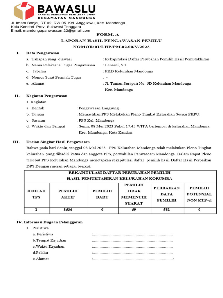 Form A Pengawasan Pleno DPHP | PDF