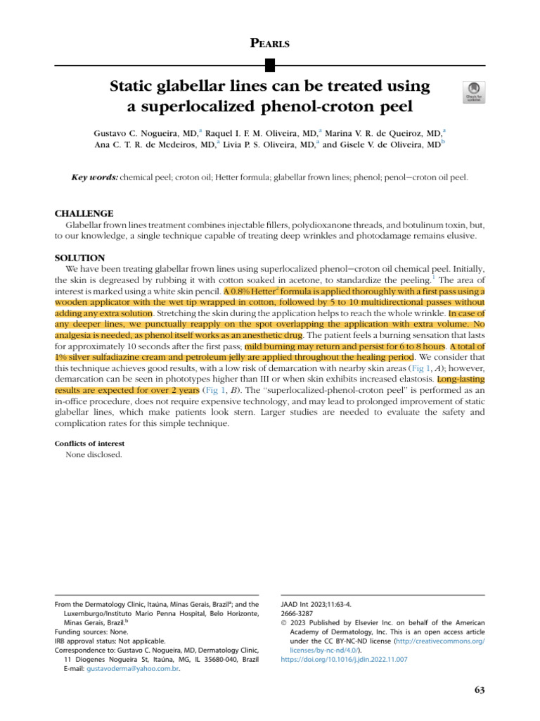 Static Glabellar Lines Can Be Treated Using A Superlocalized Phenol-Croton Peel | PDF