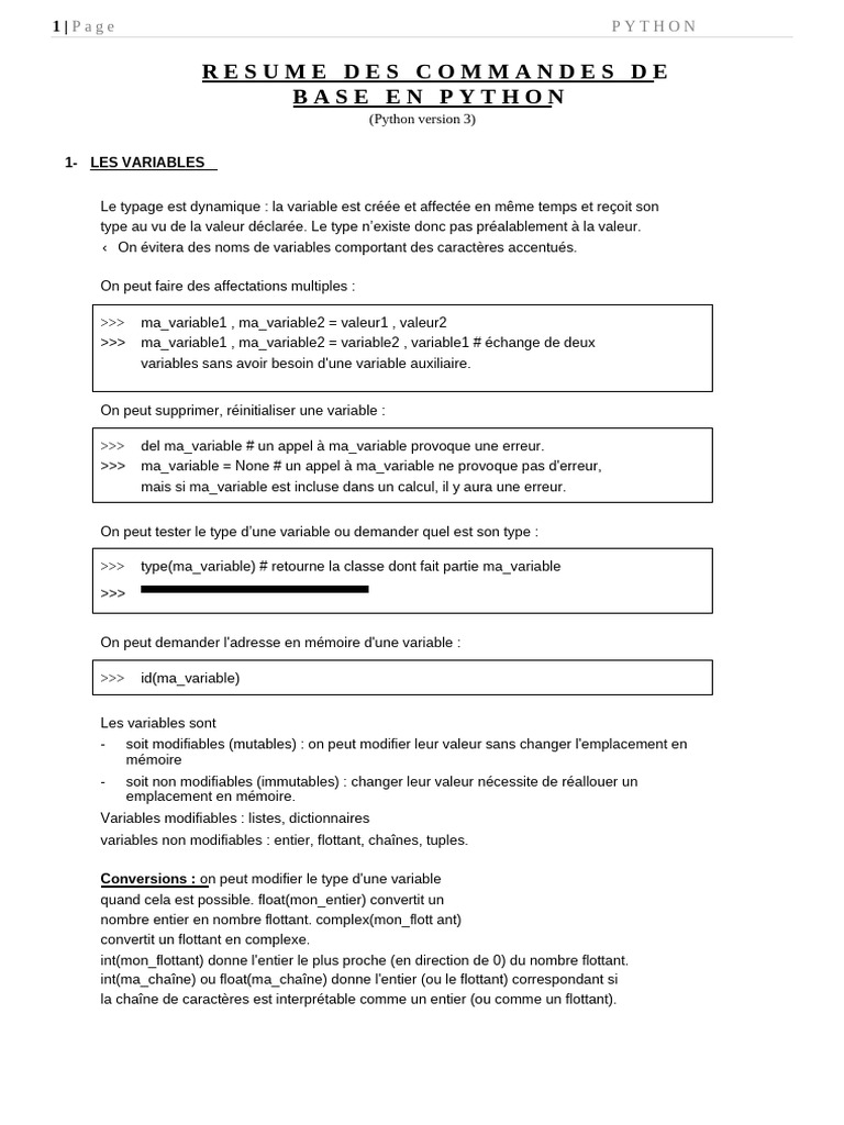 Resume Des Commandes de Base en Python | PDF