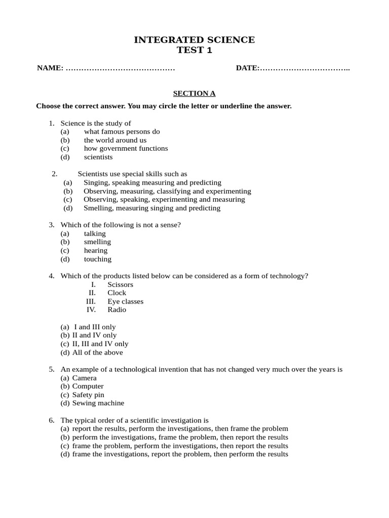 Int Science Test 1 | PDF