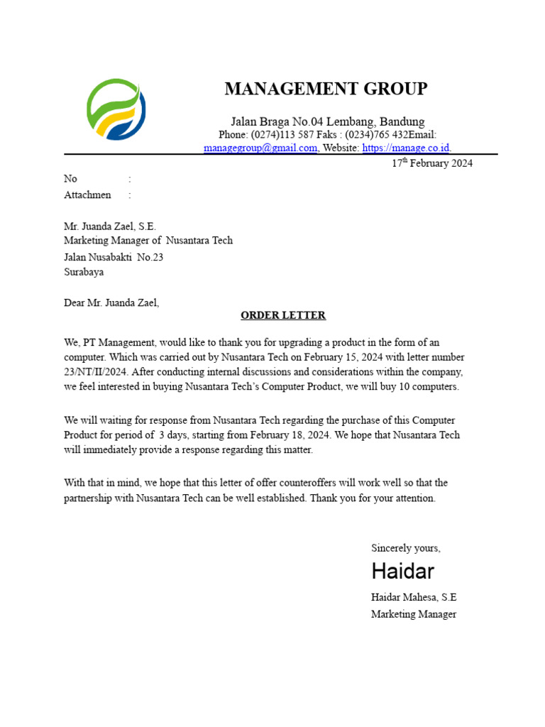 Contoh Order Letter | PDF