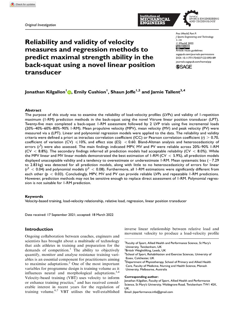 Reliability and Validity of Velocity Measures and Regression Methods To Predict Maximal Strength ...