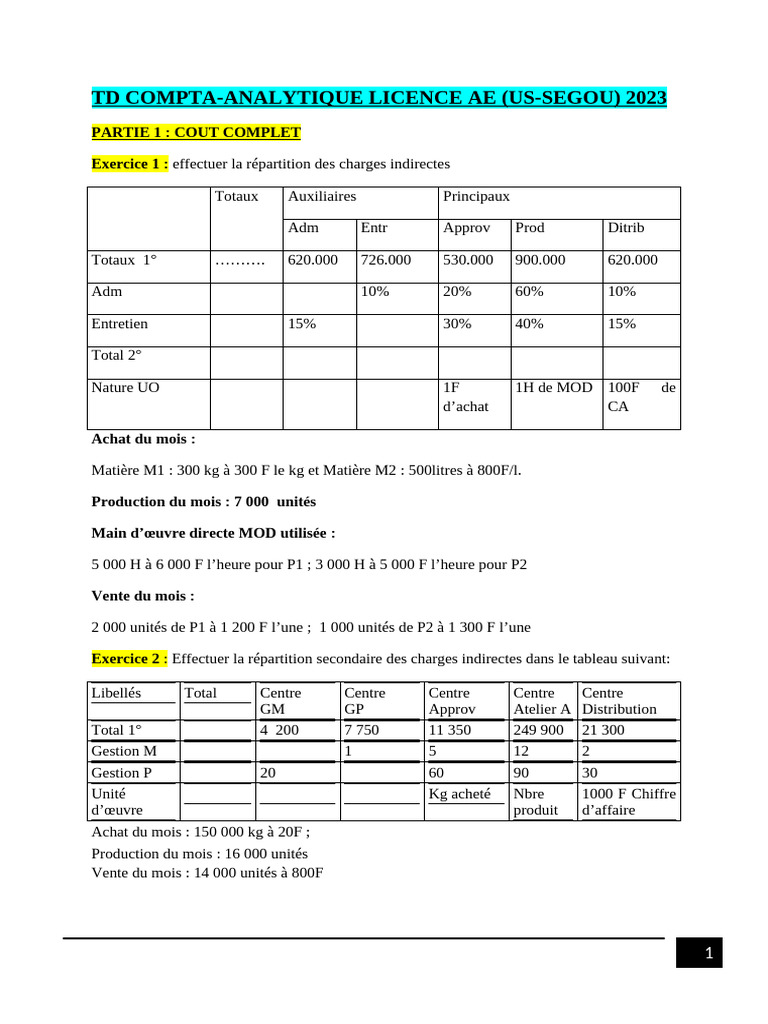 TD Compta-Analytique 2024 Ae Filiere Ael2-1-1 | PDF