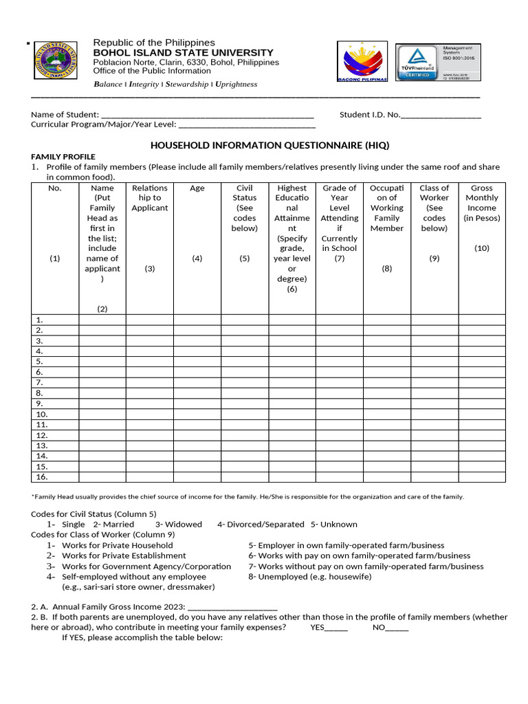 Household Information Questionnaire | PDF