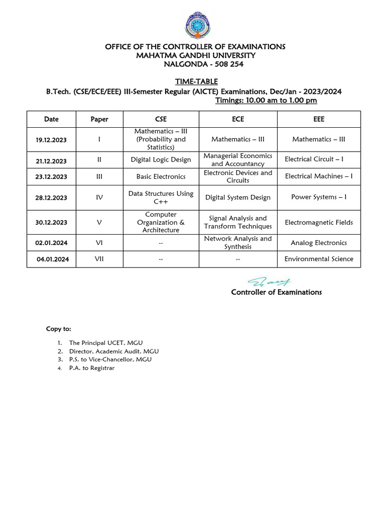 B.tech Semesters-III & V AICTE Regular Timetables, December-2023 | PDF