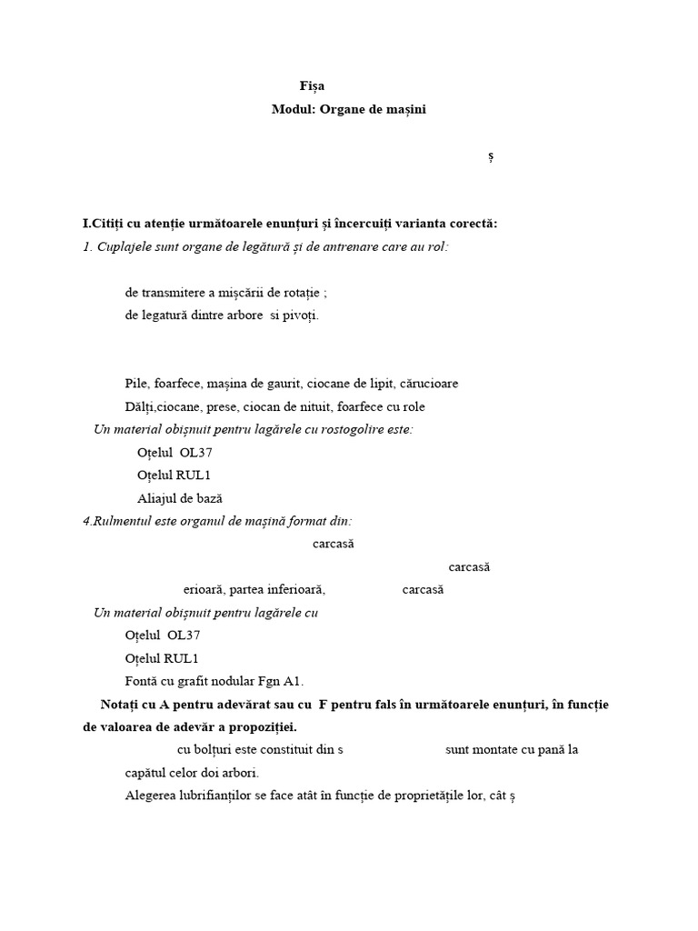 Test de Evaluare - Dumitrascu Cerasela - Organe de Mașini | PDF