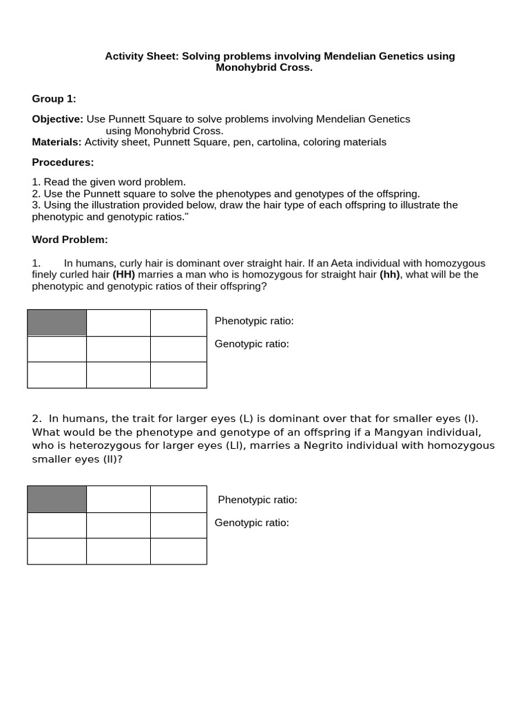 Activity Sheet Monohybrid Cross Word Problem | PDF