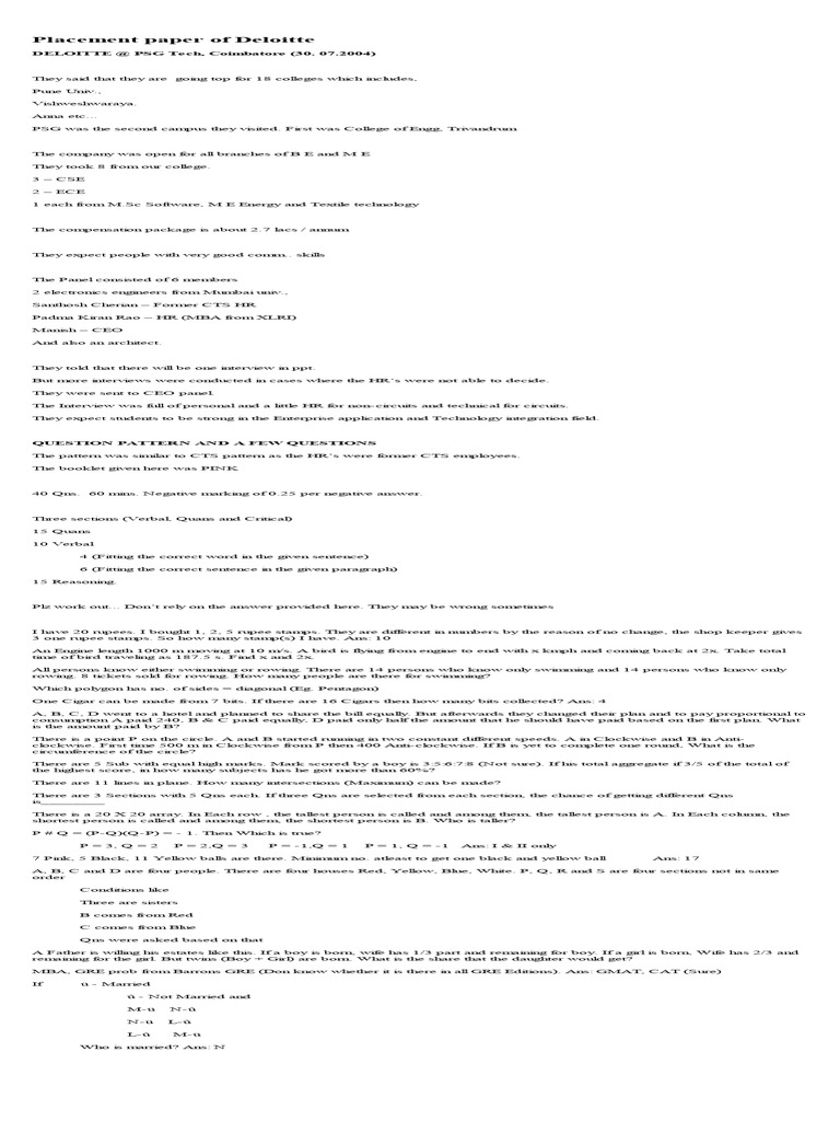 Deloitte Placement Paper 4 | PDF