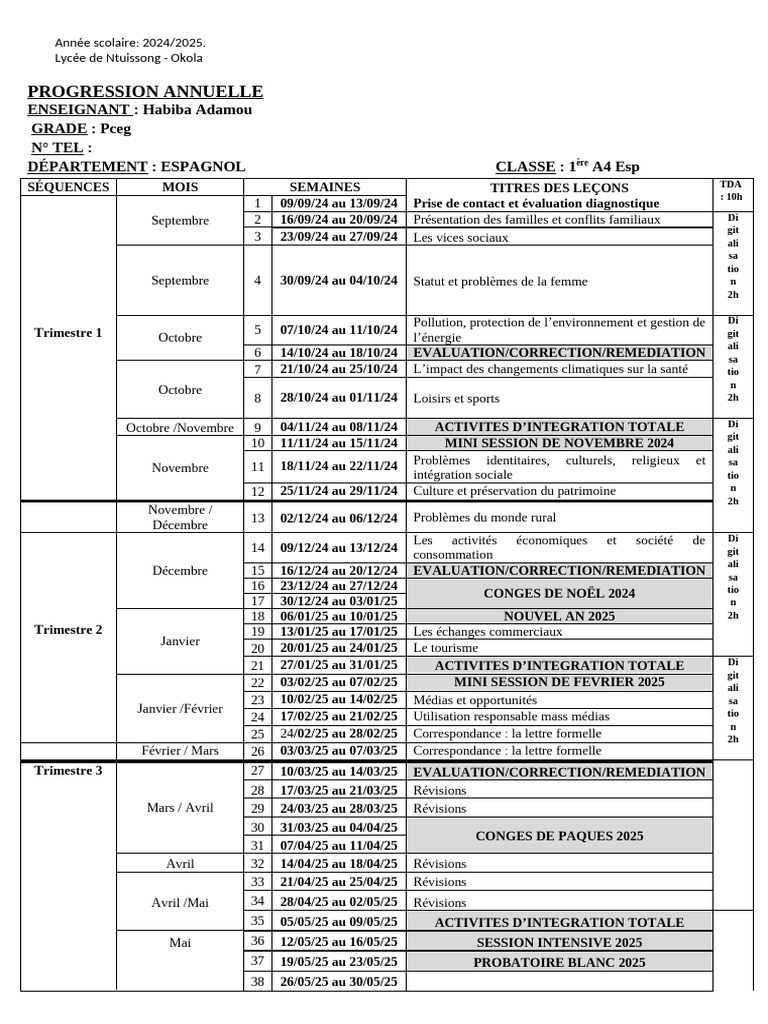 PROGRESSION D'ESPAGNOL 1ère A4 2024-2025 DIGIT | PDF