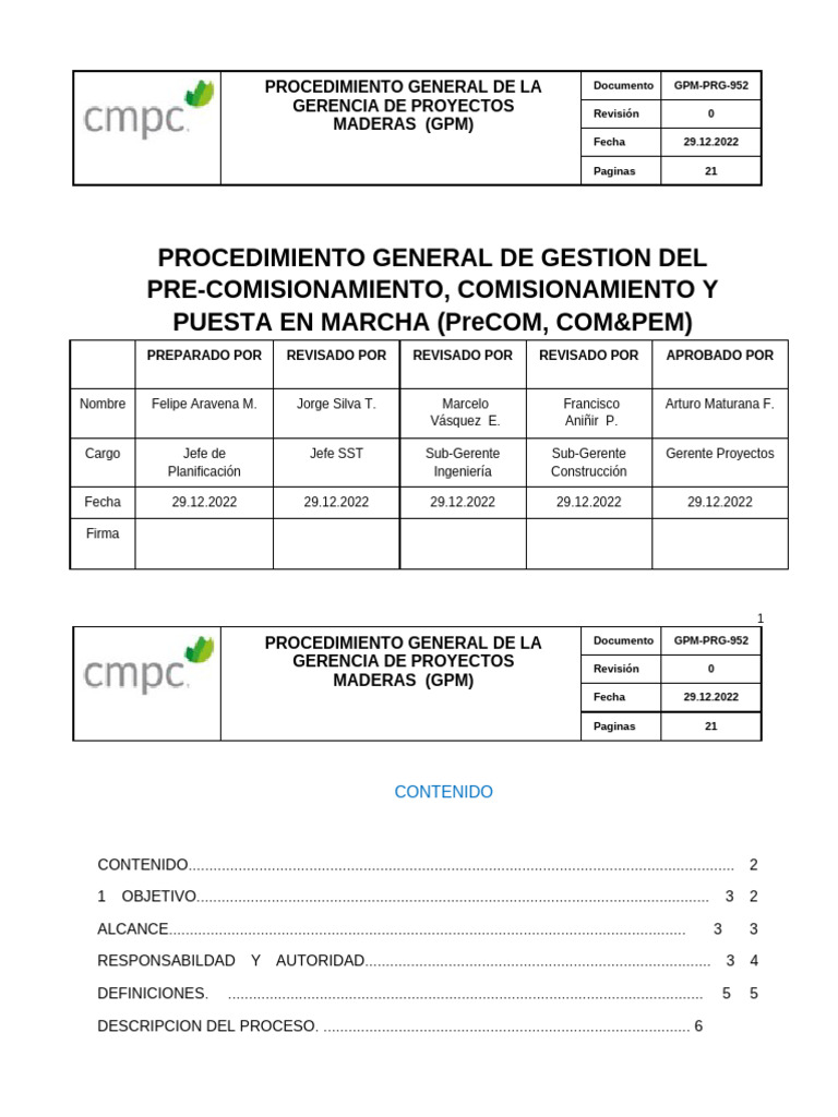 GPM-PRG-952 - 0 - Procedimiento de PreCOM, COM & PEM - Firmado | PDF