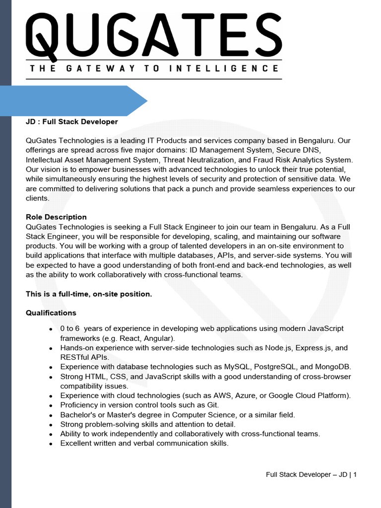 Full Stack Developer - JD (QuGates Technologies) | PDF