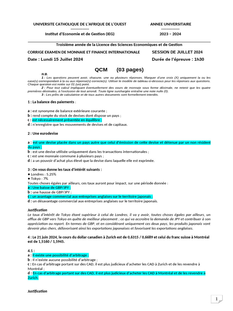 2023 24 Ucao Corrige Detaille Sujet D'examen Du 15 Juillet 2024 | PDF