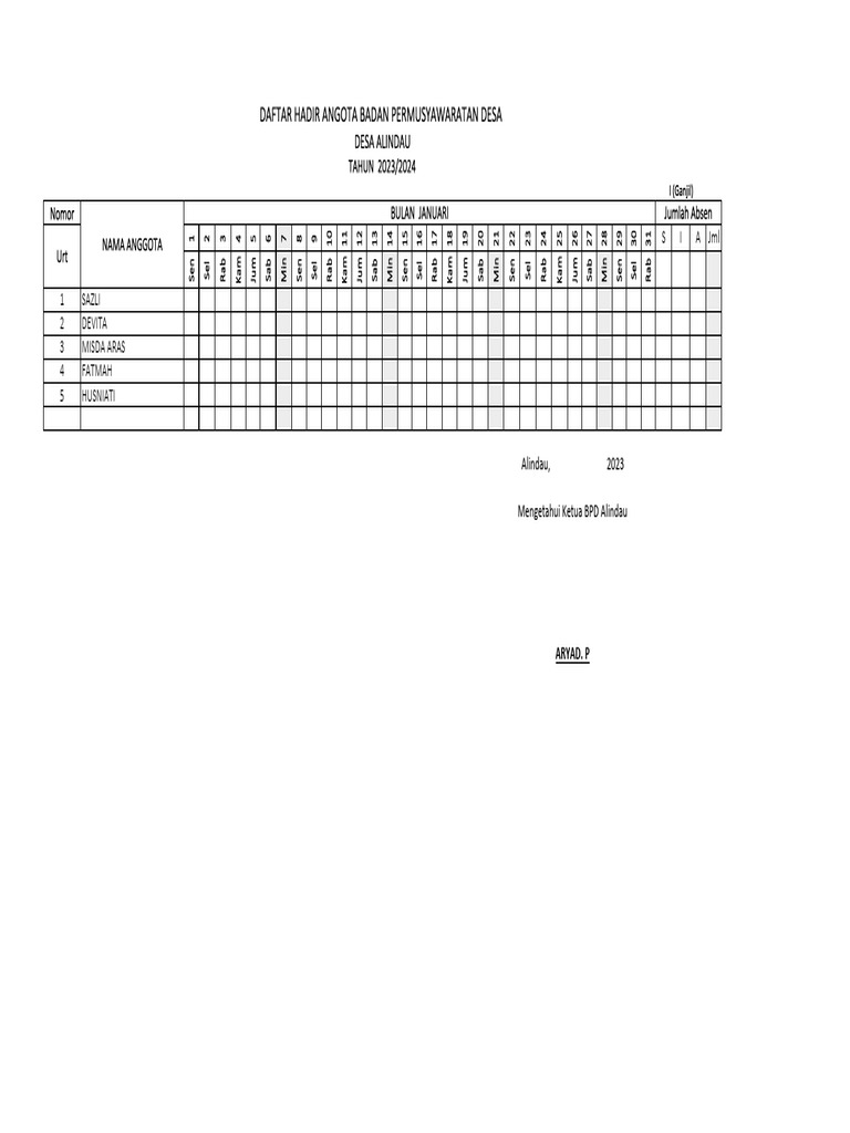 Daftar Absen BPD 2023 2024 - 062252 | PDF