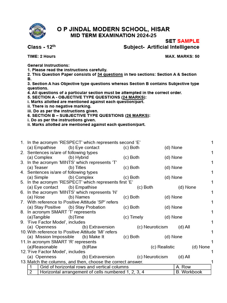 Mid Term Exam 12th Ai BKJ Sample | PDF | Spreadsheet | Computing