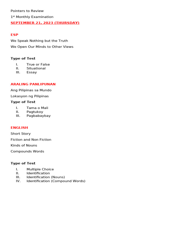 POINTERS-1st-Monthly-examination-Grade-4 | PDF