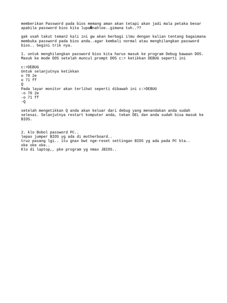Menghilangkan Password Di Bios | PDF