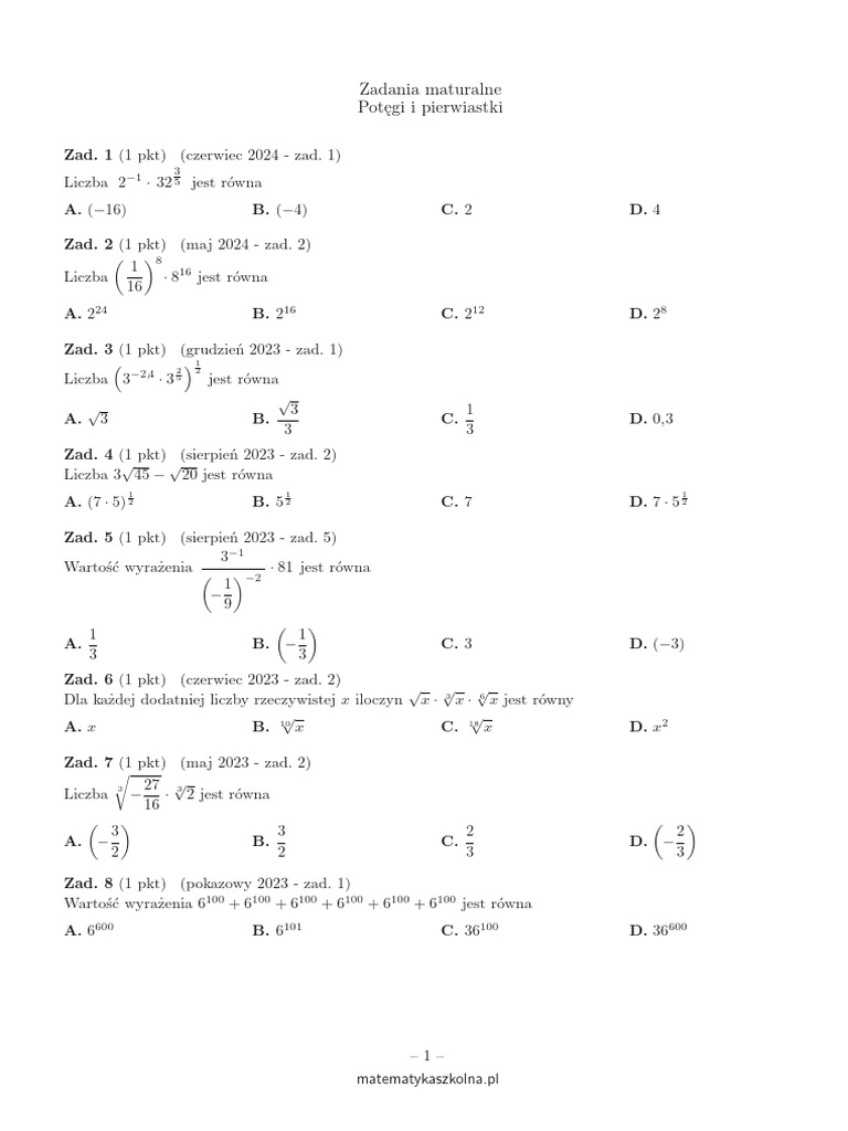 Zadania Maturalne Potęgi I Pierwiastki: Matematykaszkolna - PL | PDF