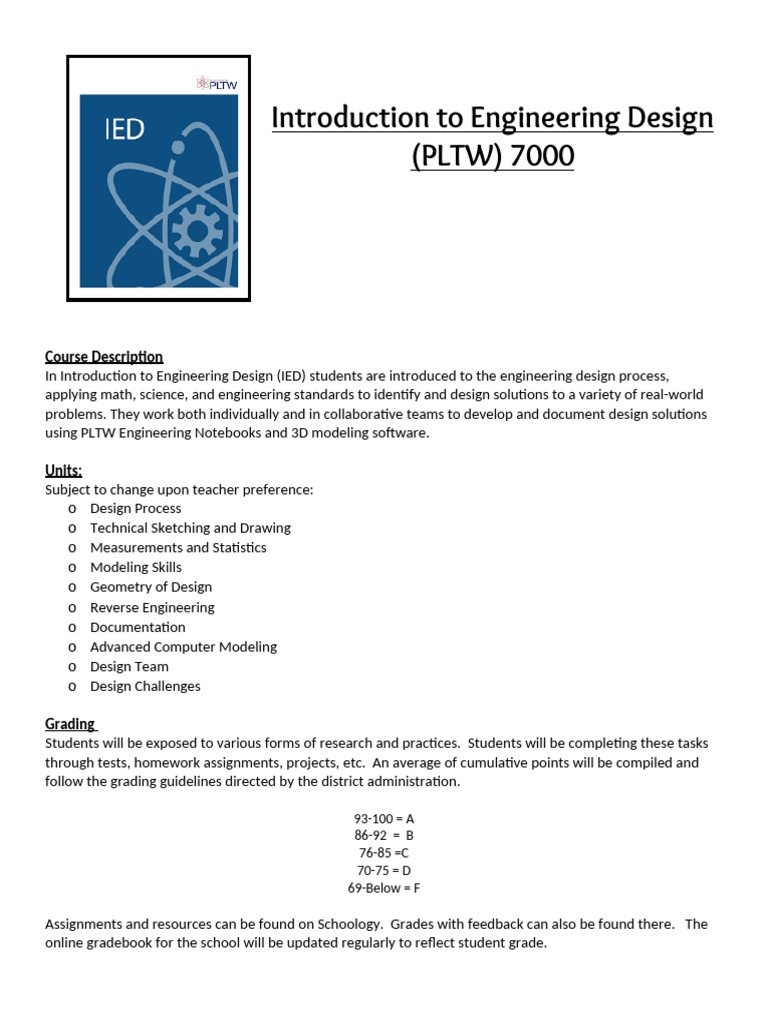 Introduction To Engineering Design PLTW 7000 - Syllabus | PDF ...