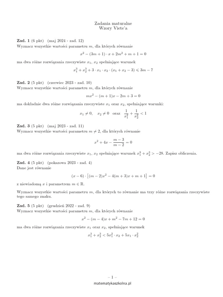 M X M X M M X X X X X X X X M: Zadania Maturalne Wzory Viete'a | PDF