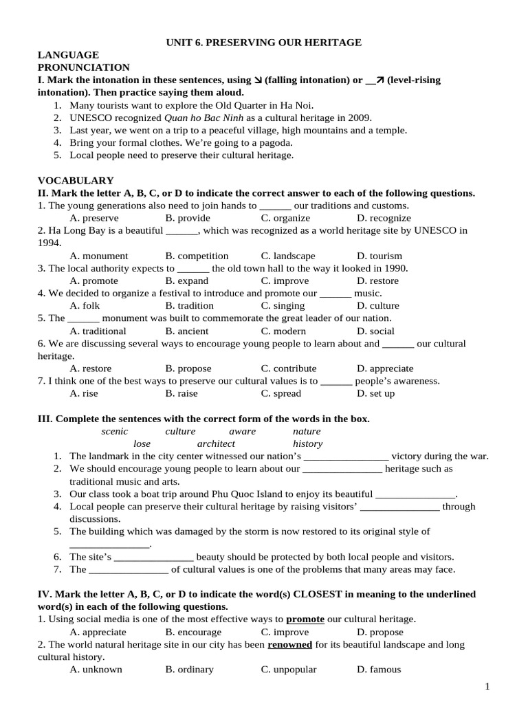 0 Bài Tập Ptnl Tiếng Anh 11 Global Success 8. Unit 6. Preserving Our Heritage | PDF