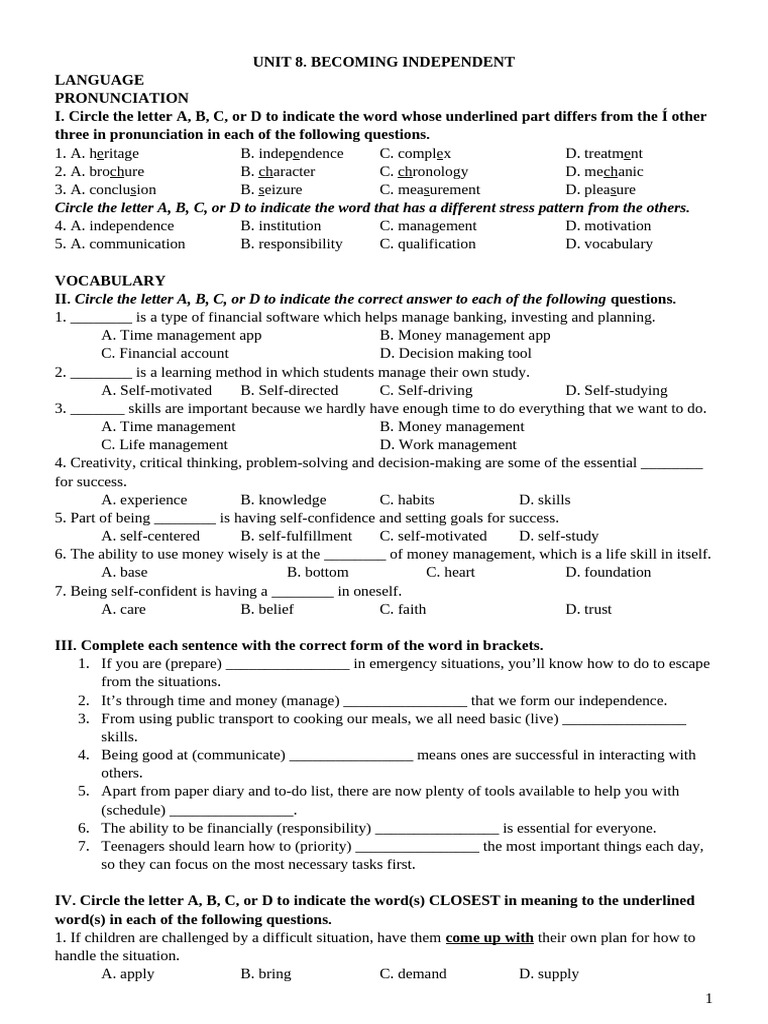 0 Bài tập PTNL tiếng anh 11 Global Success 10. UNIT 8. BECOMING INDEPENDENT | PDF