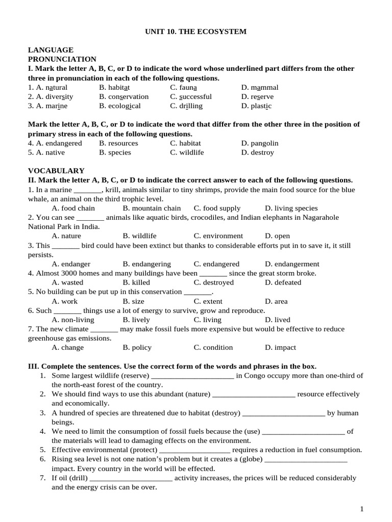 0 Bài Tập Ptnl Tiếng Anh 11 Global Success 13. Unit 10. the Ecosystem | PDF