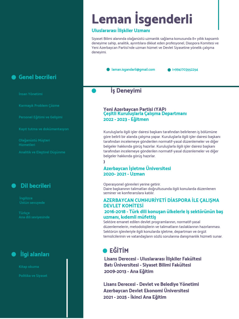 Leman İsgandarli Türkçe CV | PDF