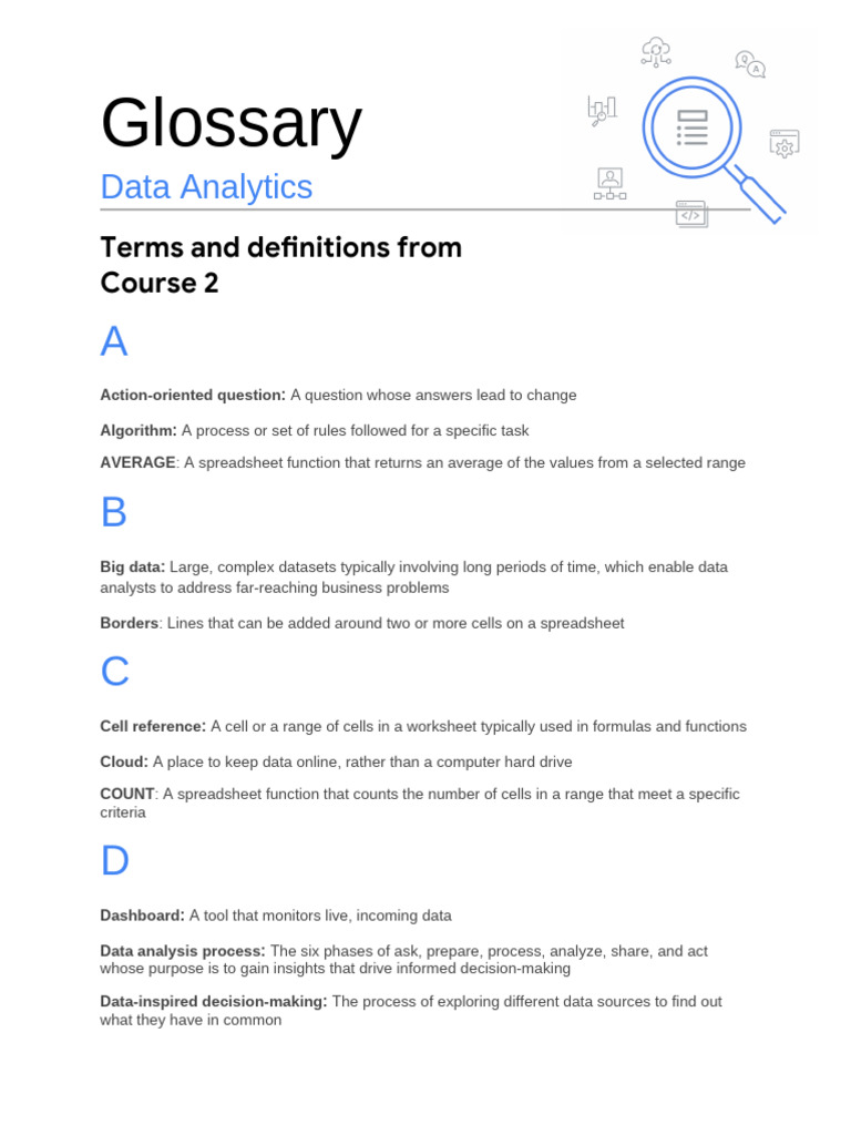 Course 2 Glossary | PDF | Spreadsheet | Data Analysis