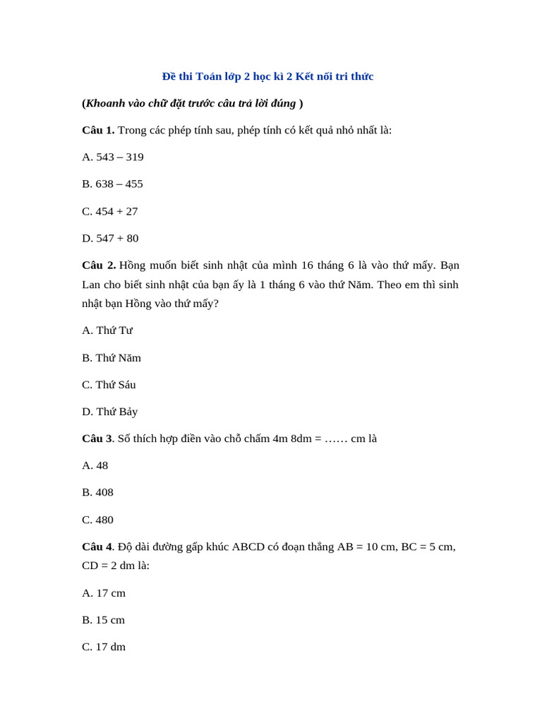 De Thi Toan Lop 2 Hoc Ki 2 Ket Noi Tri Thuc de 2 | PDF