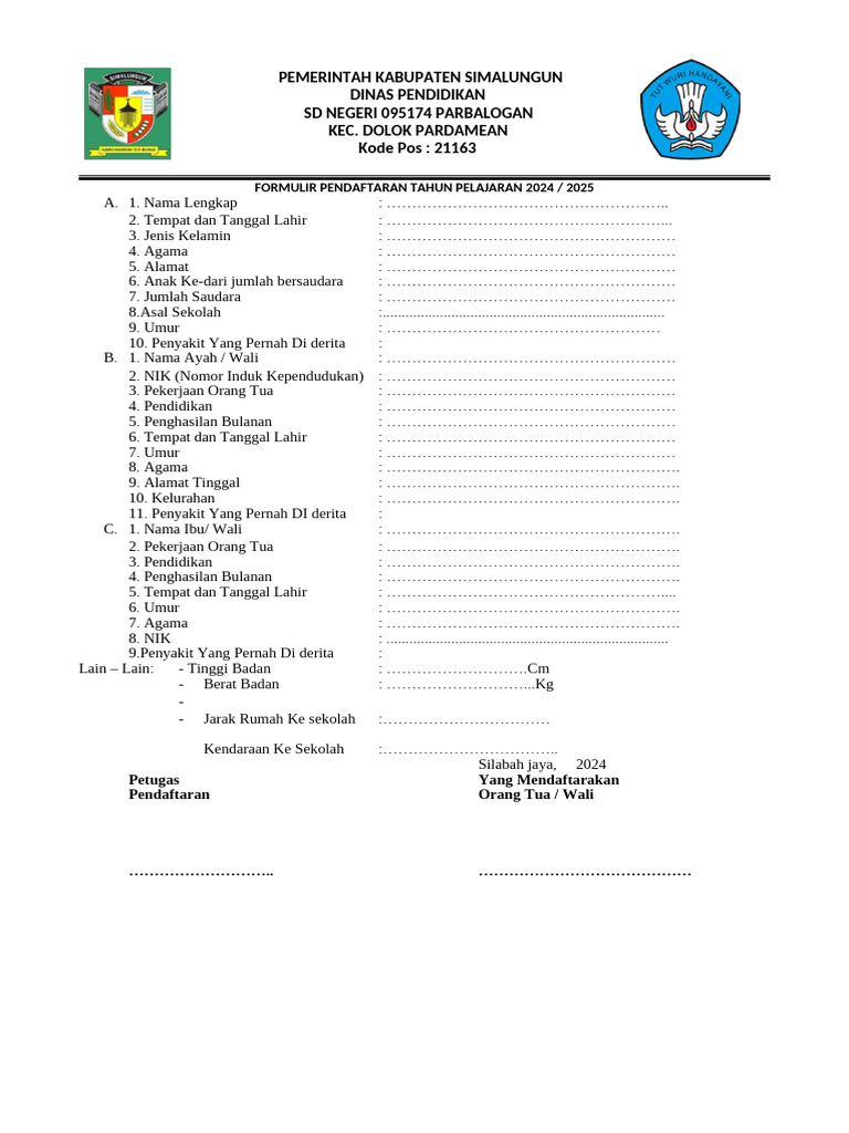 Formulir Pendaftaran Murid Baru | PDF
