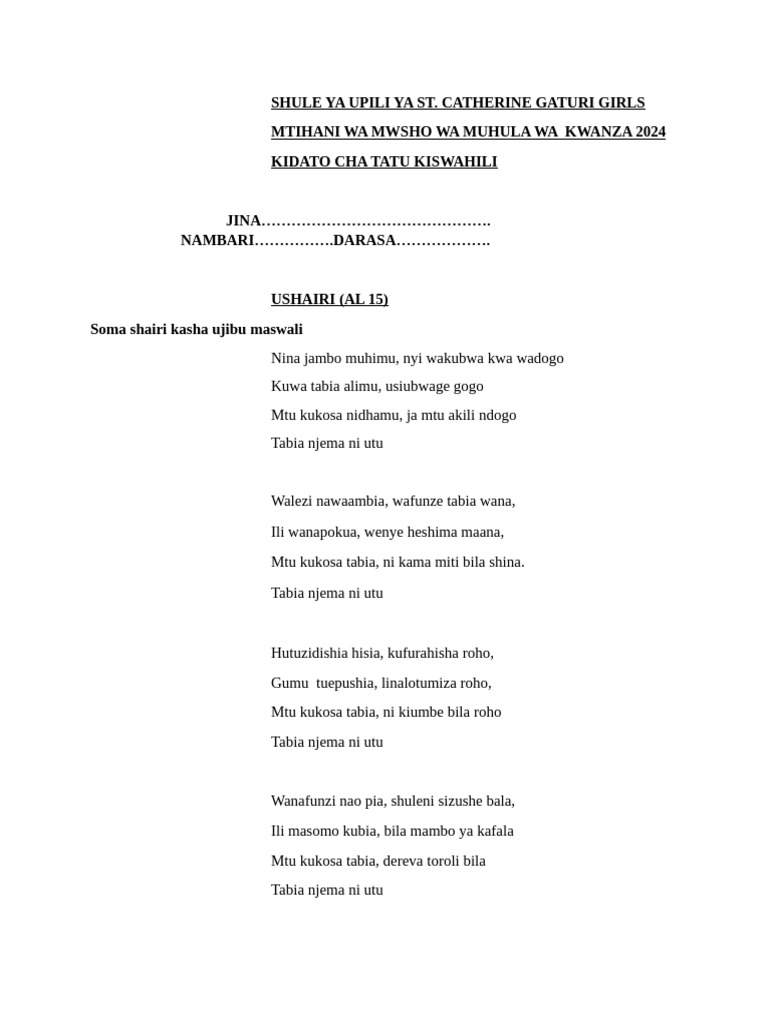 Sylvia Kiswahili Form 3 End Term 1 2024 | PDF