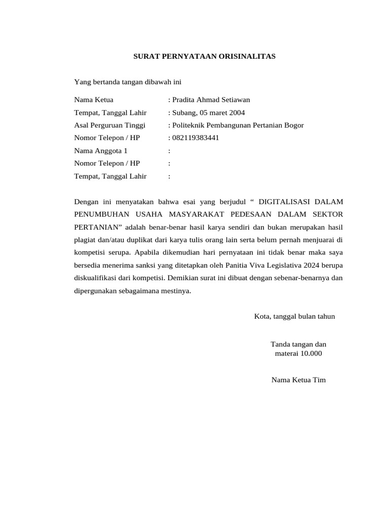 Format Lembar Pernyataan Orisinalitas Karya Esai | PDF