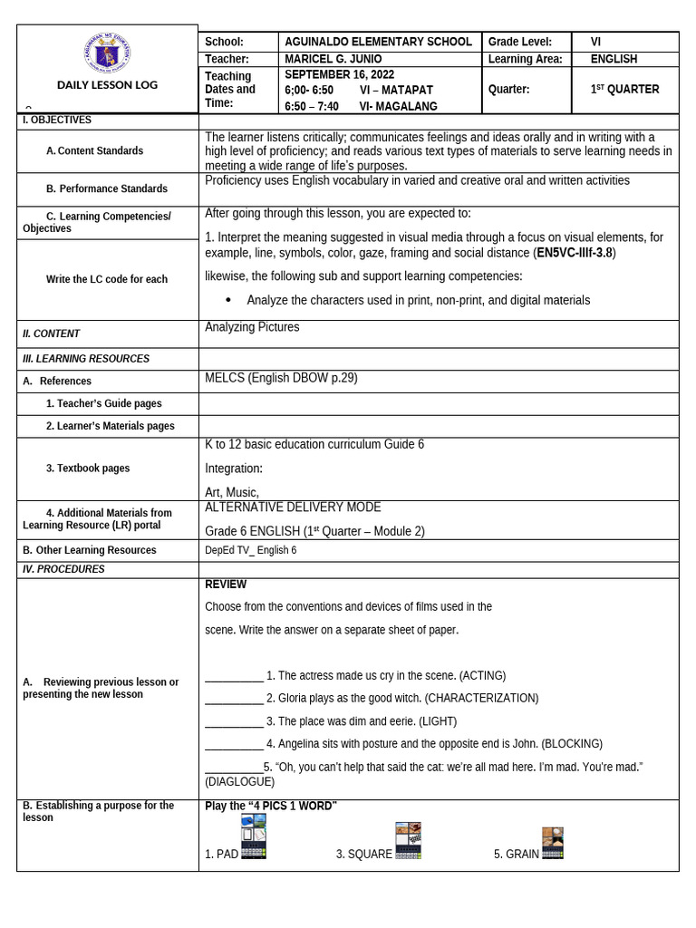 English 6 Q1 Sept 16 Pdf Learning Teachers