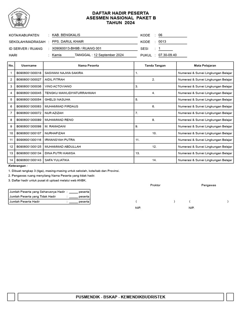 Absen H2 Pondok | PDF