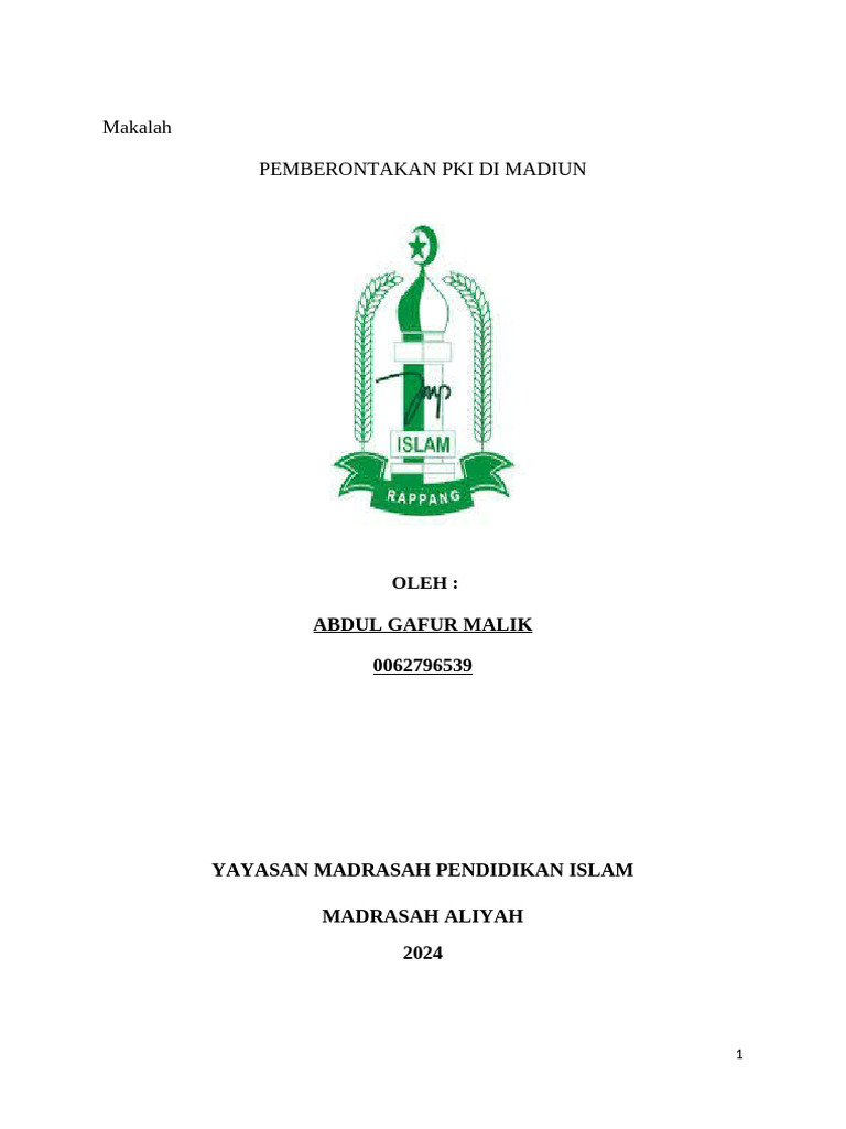 Makalah Sejarah Pemberontakan Pki Di Madiun | PDF