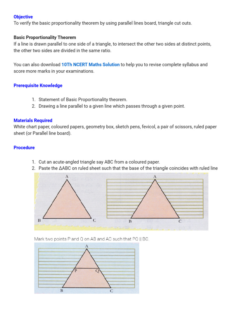 10Th NCERT Maths Solution: Basic Proportionality Theorem | PDF