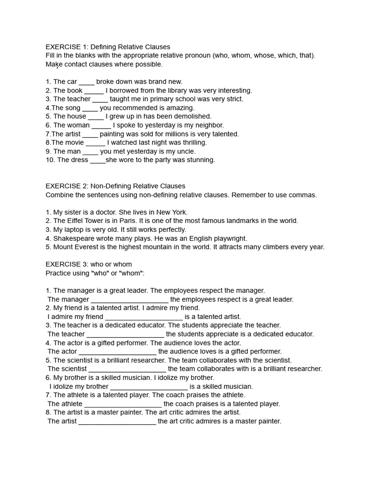 Defining, Non-Defining Relative Clauses - Contact Clauses - Who or Whom ...