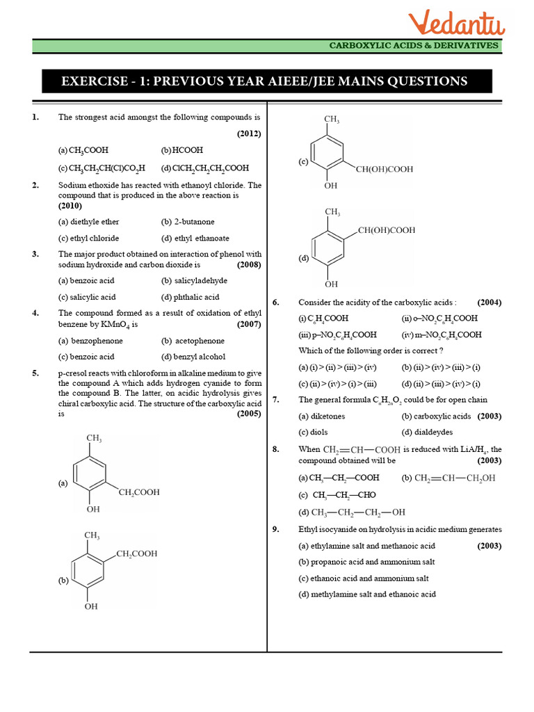 11 Carboxylic Acids and Derivative - Exercise-1 | PDF