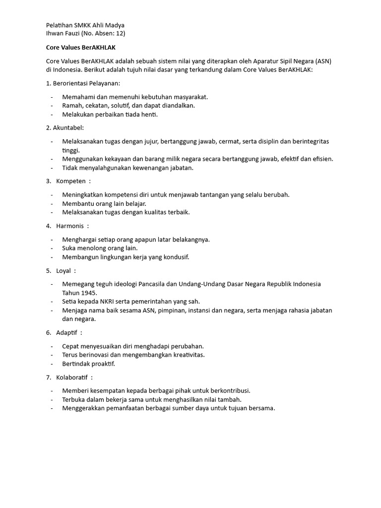 Resume Core Values BerAKHLAK Dan Manajemen Risiko - 12 - Ihwan Fauzi | PDF
