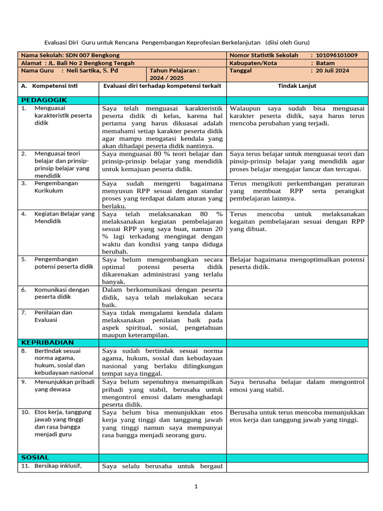 Daftar Evaluasi Kinerja Guru | PDF