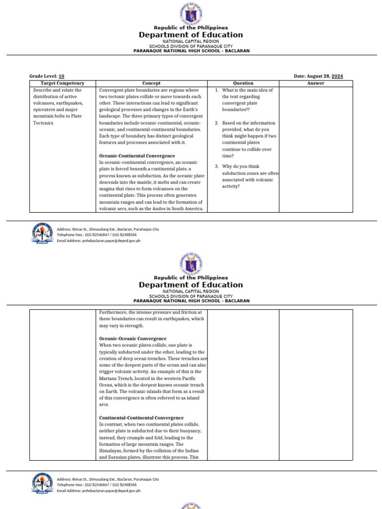 Grade 10 Asynchronous Activity Aug. 28 2024 | PDF | Plate Tectonics | Volcano