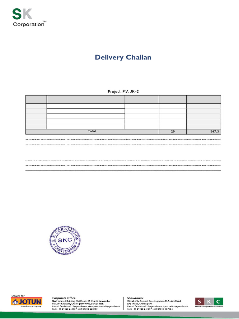 Jotun Paint Delivery Challan For F.V. JK-2, DT - 06.07.2024 | PDF