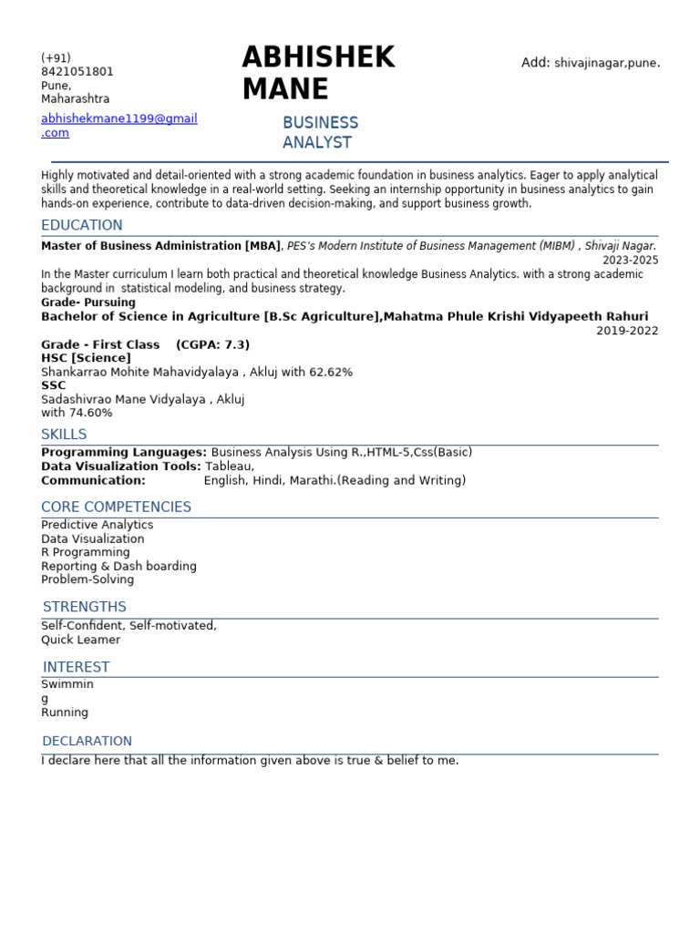 Abhishek Mane CV | PDF