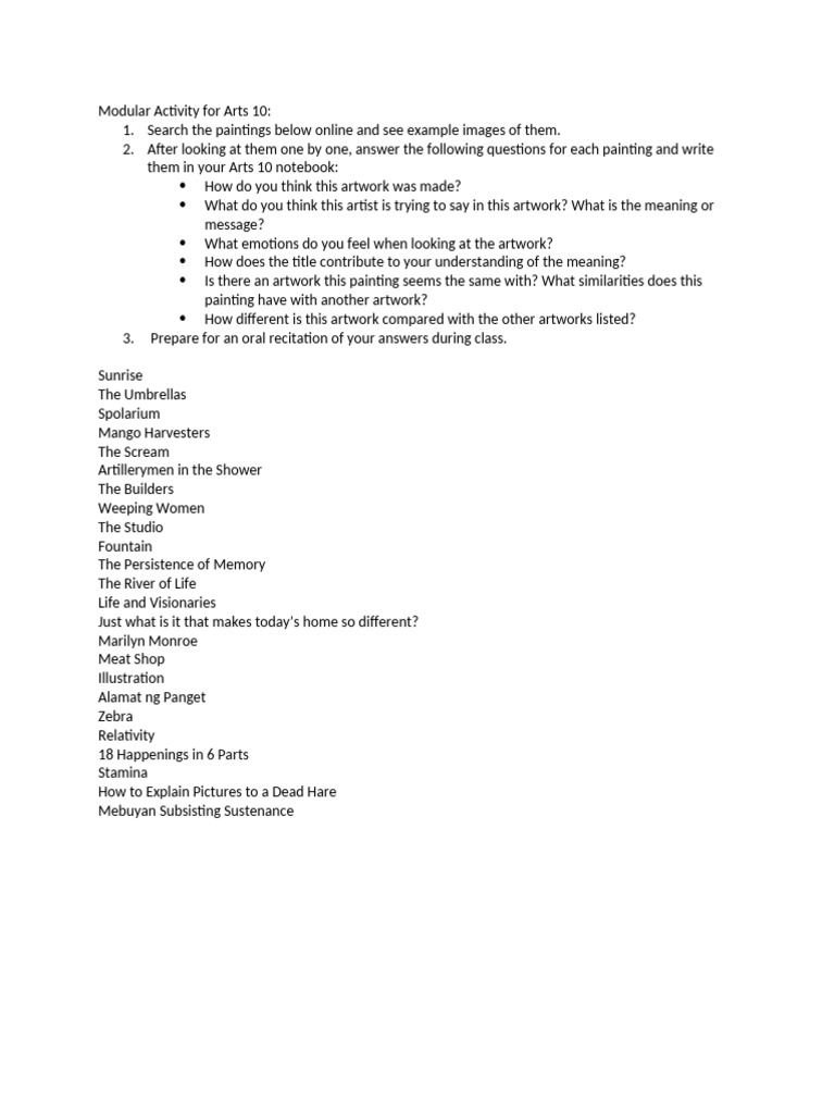 Arts 10 Painting Analysis Guide | PDF | General Fiction
