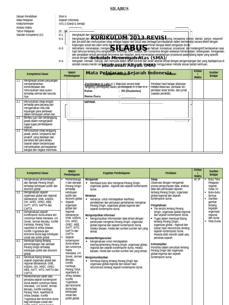 Silabus Sejarah Indonesia Kelas 12 (6 Kolom) | PDF