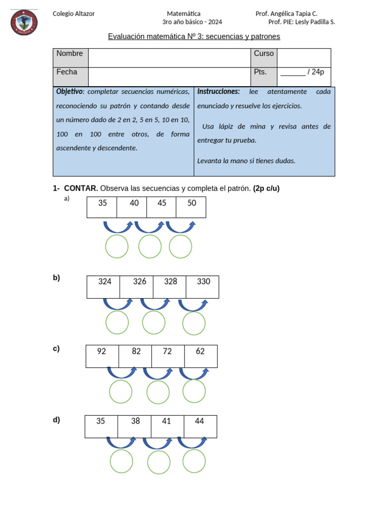 Evaluación Matemática 3ro Secuencias Patrones | PDF